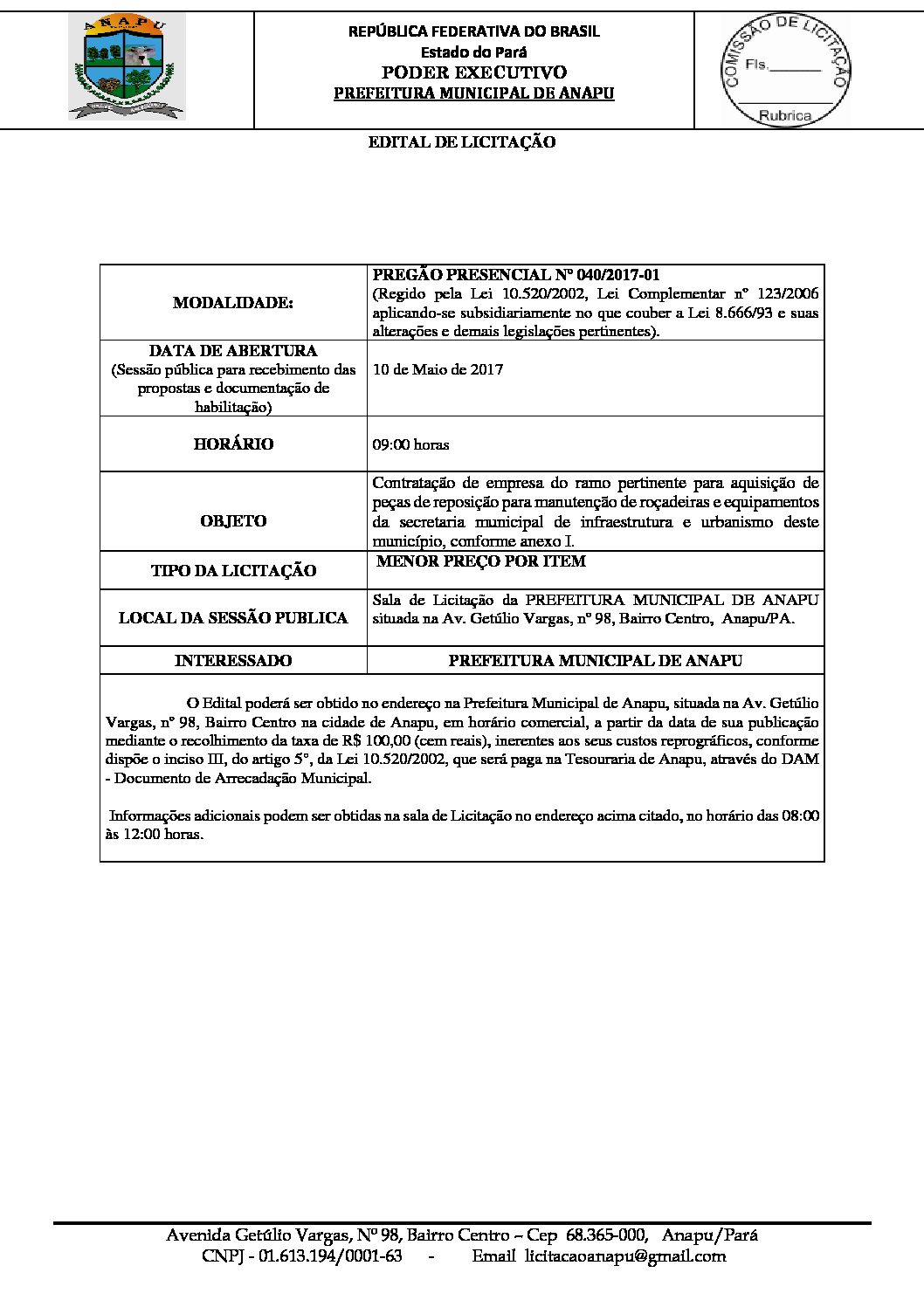 EDITAL DE LICITAÇÃO - Prefeitura Municipal de Anapu | Gestão 2025-2028